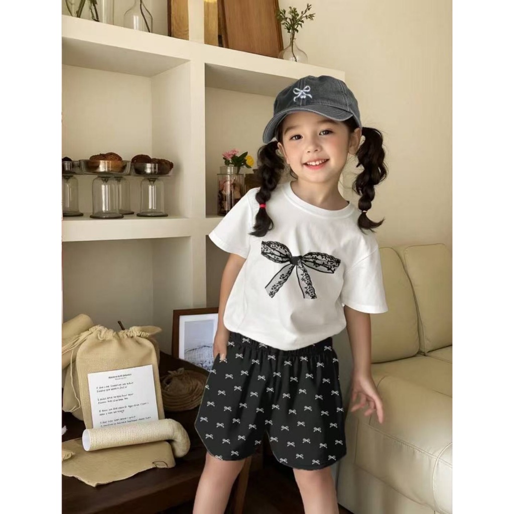 MC090 มาใหม่ ชุดเซตลูกสาวสกรีนลายโบว์ น่ารัก เก๋มาก | Shopee Thailand