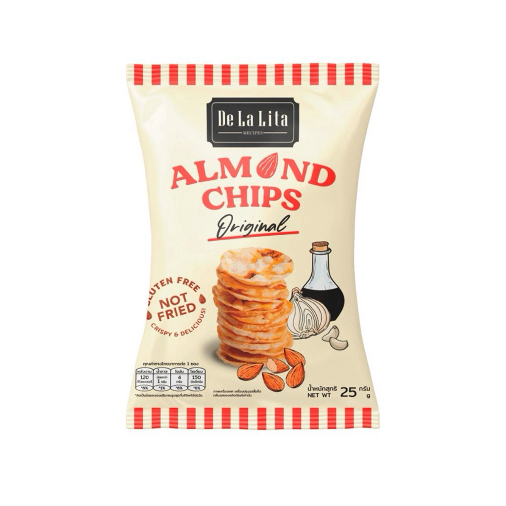 [แพ็ค2และ6ห่อ]เดอลาลีต้าอัลมอนด์แผ่นรสดั้งเดิม/ข้าวโพดหวาน/เกลือ 25g. De La Lita Almond Chip ...