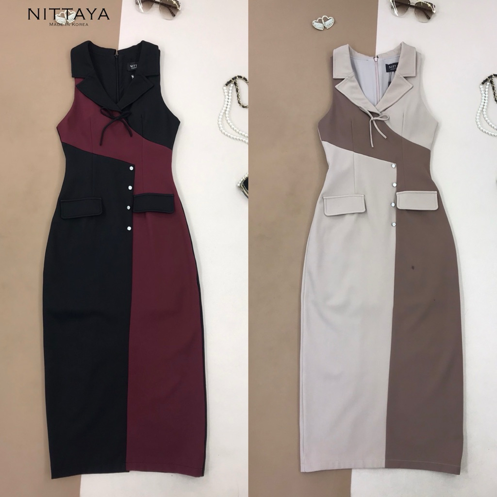 [NITTAYA] D2758 ชุดเดรสกระโปรงยาวคอปกแขนกุดแต่งกระดุมกระเป๋าหน้าสวยหรูดูแพงใส่เที่ยว ออกงาน ...