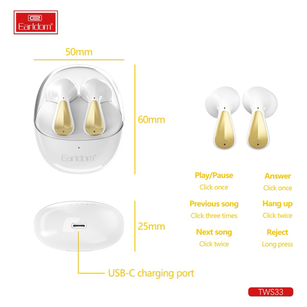 Earldom รุ่น TWS33 ของแท้ 100% Wireless headset หูฟังไร้สาย รองรับ Bluetooth Version 5.0 ...