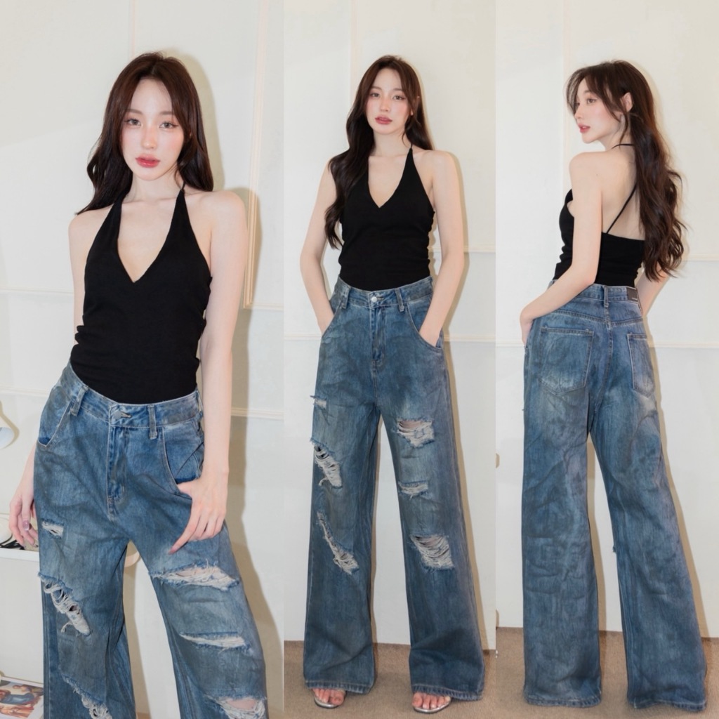 ST1017 SistaDenim กางเกงยีนส์ทรงกระบอก แต่งขาดเซอร์ | Shopee Thailand