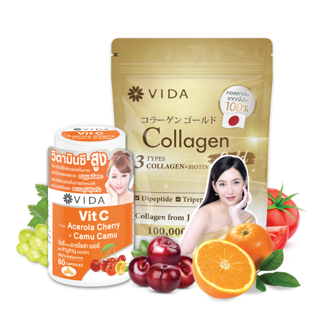 [Health & Beauty Set] Vida Collagen Gold 100g. 1 Sac. x Vida Vit C 60 ...