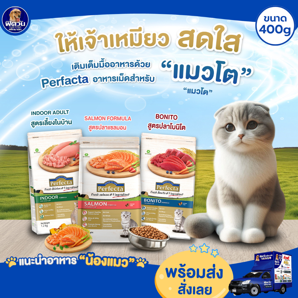 Perfecta Cat อาหารเม็ด สำหรับแมวโตทุกสายพันธุ์ ขนาด 400 กรัม{อาหารแมว ...