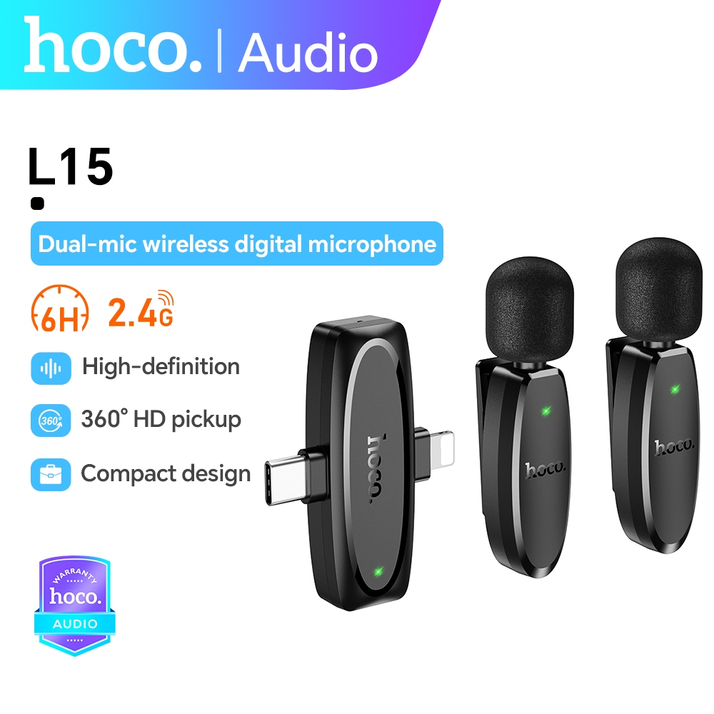HOCO L15 / HK61 ไมค์ไร้สาย รองรับ iOS, Type-C ตัดเสียงรบกวน ไมค์คู่ เชื่อมต่อ15เมตร 2.4Ghz ไมค์ ...
