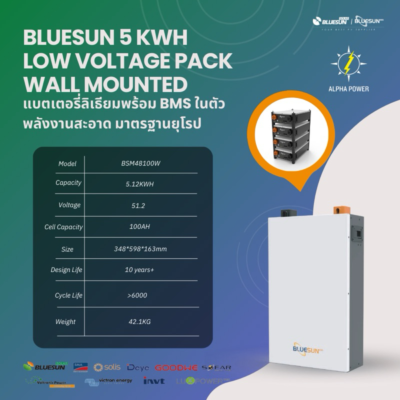 Bluesun แบตเตอรี่ 5kWh 100Ah Wall Mounted Low Voltage Lithium Battery ...