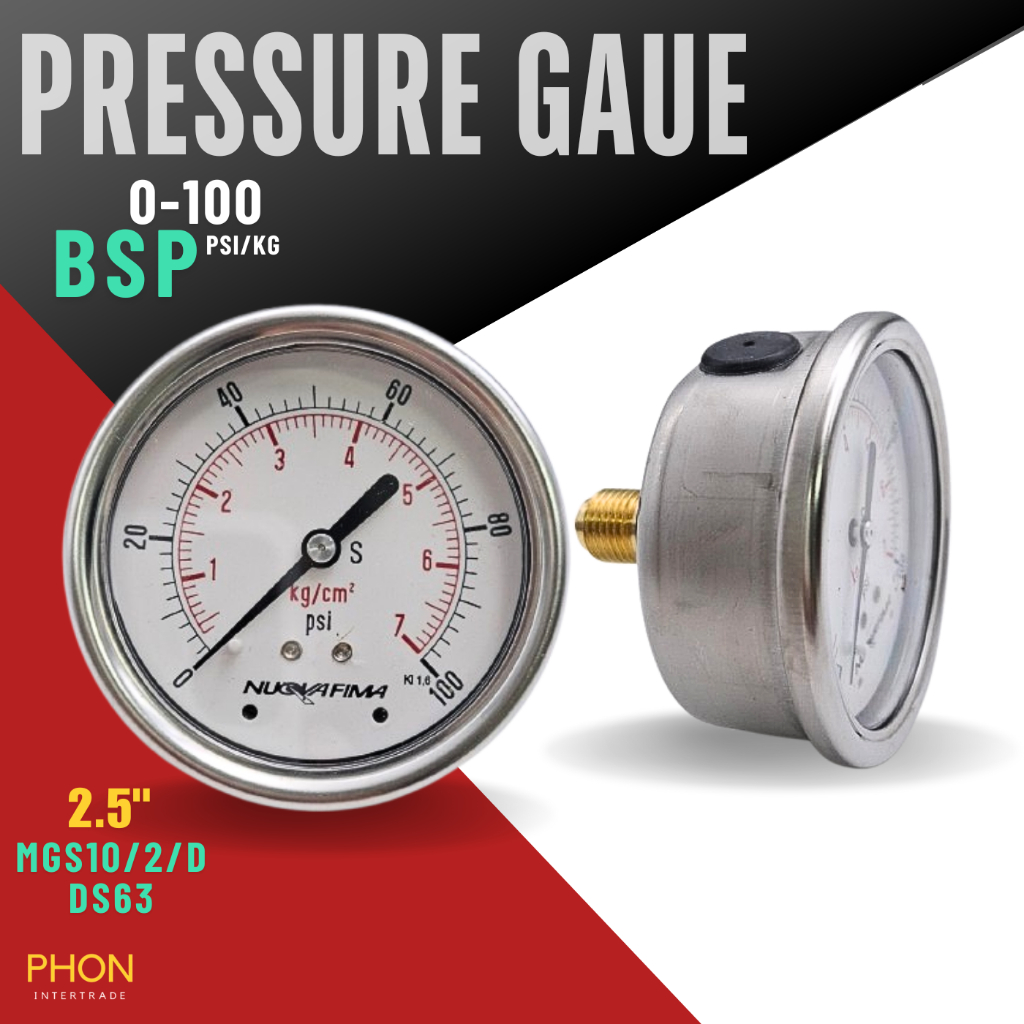MGS10/2D DS63 0-100 PSI/KG BSPM เกจวัดเเรงดัน เกลียว 1/4" มีน้ำมัน/ไม่ ...