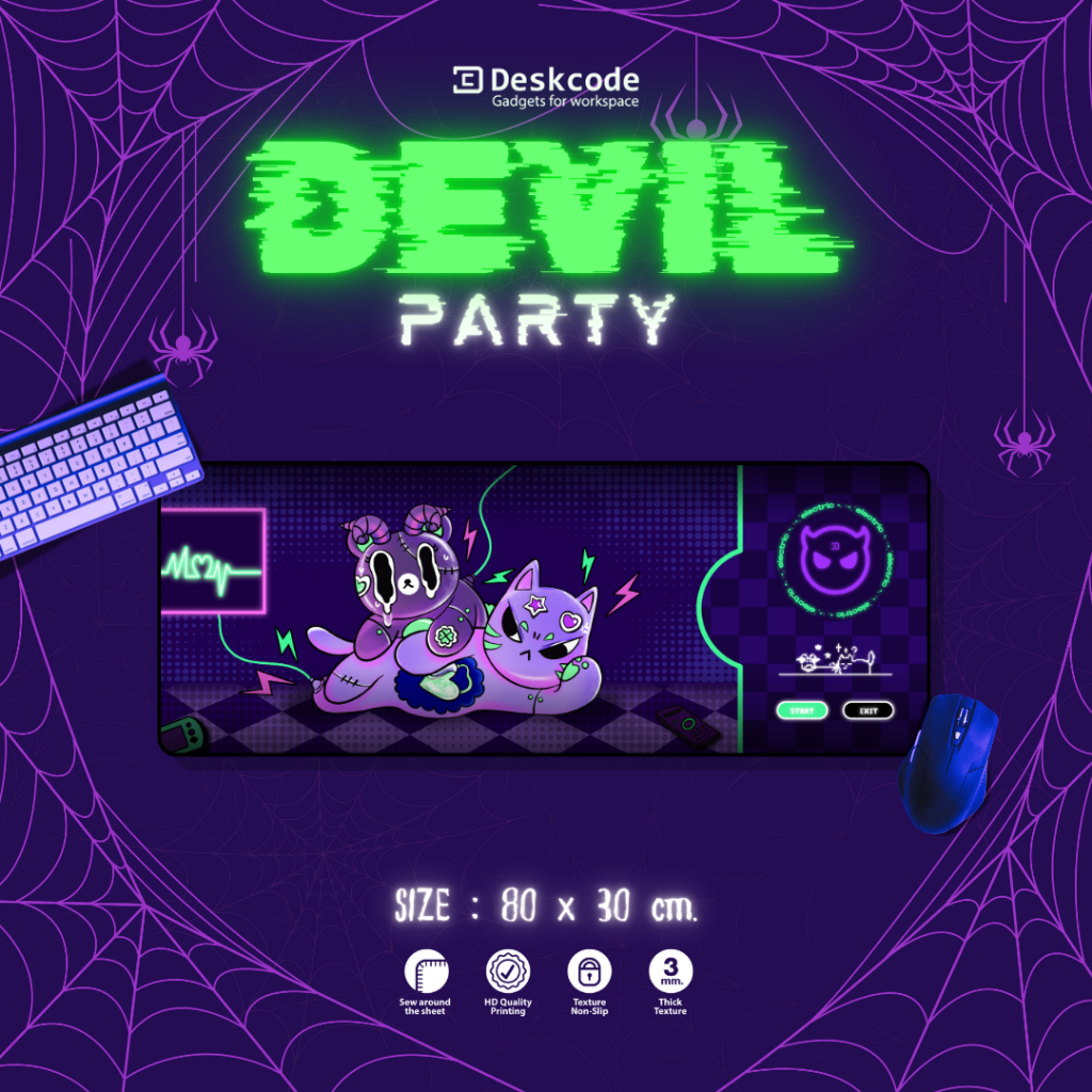 [ DESKCODE ] แผ่นรองเมาส์ แผ่นรองคีย์บอร์ด "DEVIL PARTY" ขนาดใหญ่ 90x40 80x30 45x40 cm.หนา 3 mm ...