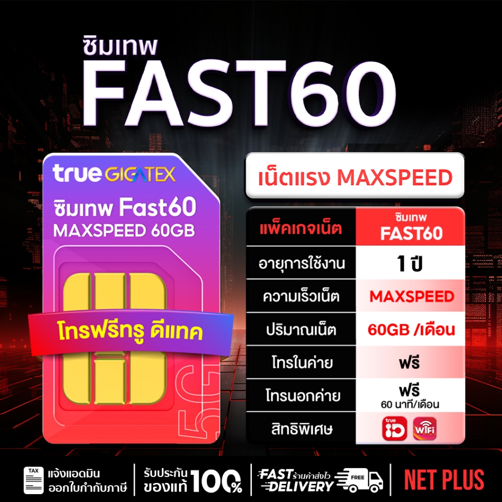 ขายดีที่สุด FAST60 GB Sim True รายปี ซิมเน็ตทรู เต็มสปีด ความเร็วสูงสุด Max Speed 1000 Mbps เน็ต ...