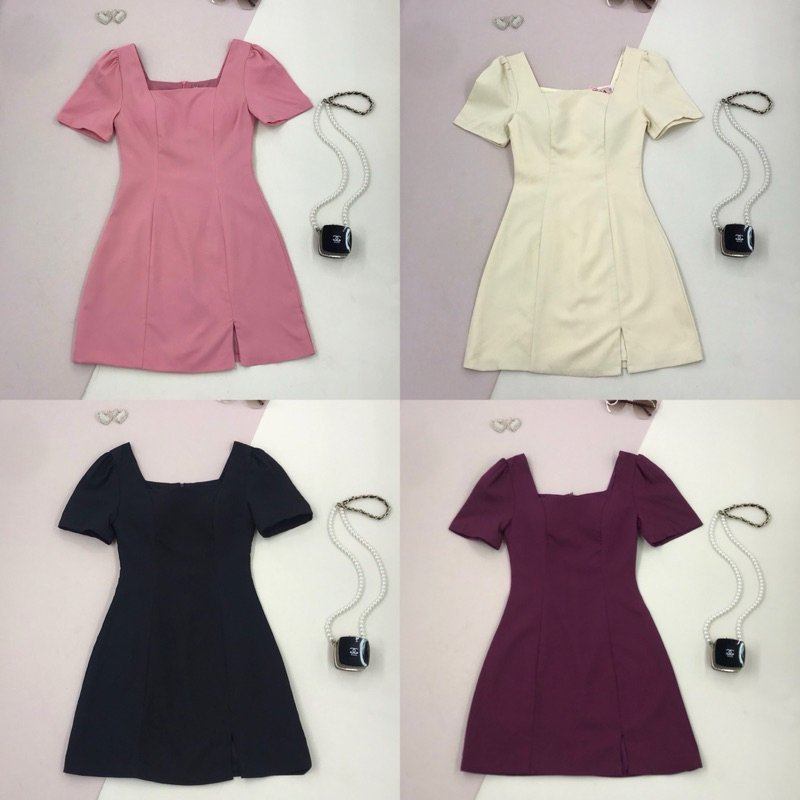 [ELSA] Y075 ชุดเดรสกระโปรงคอเหลี่ยมแขนสั้นผ่าหน้าซิปซ่อนด้านหลัง เรียบ ...