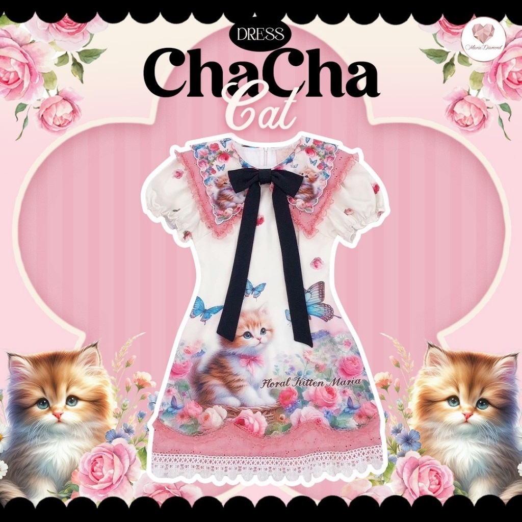 (มี3LX) ChaCha Cat Dress เดรสสั้นผ้าไหมญี่ปุ่นพิมพ์ลาย ปกสองชั้น ตัดต่อ ...