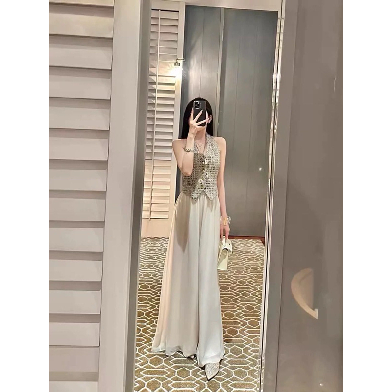 [NITTAYA] D2564 ชุดเซตเสื้อกั๊กคล้องคอผ้าทวิตกระดุมหน้ากางเกงพริ้วเอว ...