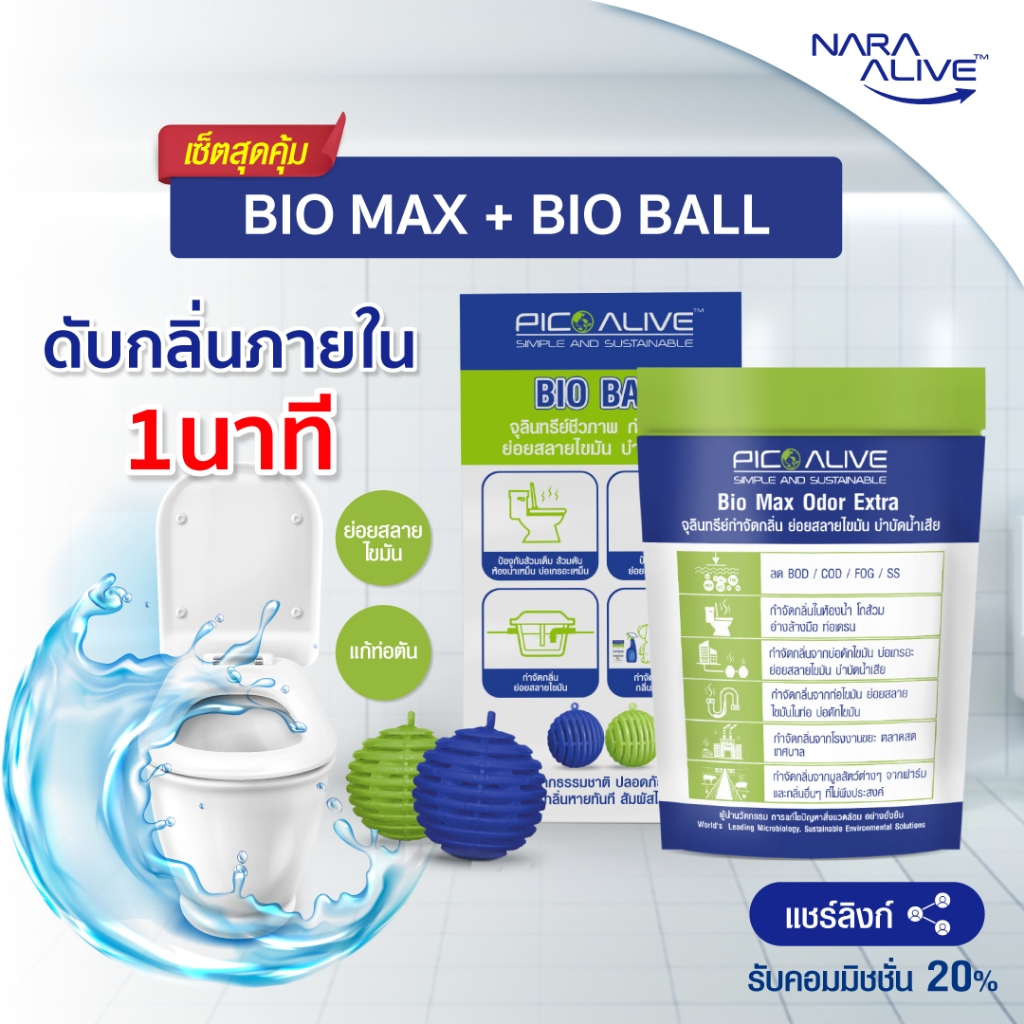 Set Bio Max + Bio Ball กำจัดกลิ่นใน 1 นาที จุลินทรีย์แก้ส้วมเต็ม ท่อตัน ...