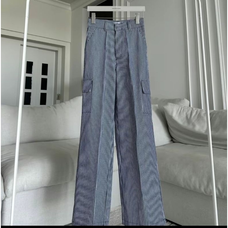 PROMTHONG เอว24 กางเกงทรงกระบอก ขายาวผ้ายีนส์ลายริ้ว | Shopee Thailand