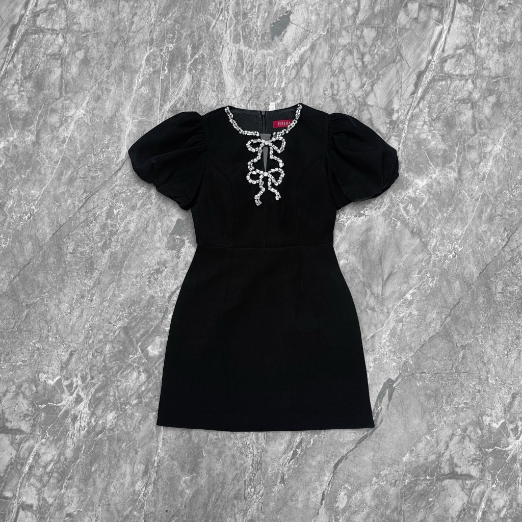 K989 BELLITA BRAND มินิเดรสดำแต่งโบว์เพชร แขนตุ๊กตา ชุดเดรสสั้นดำ | Shopee Thailand