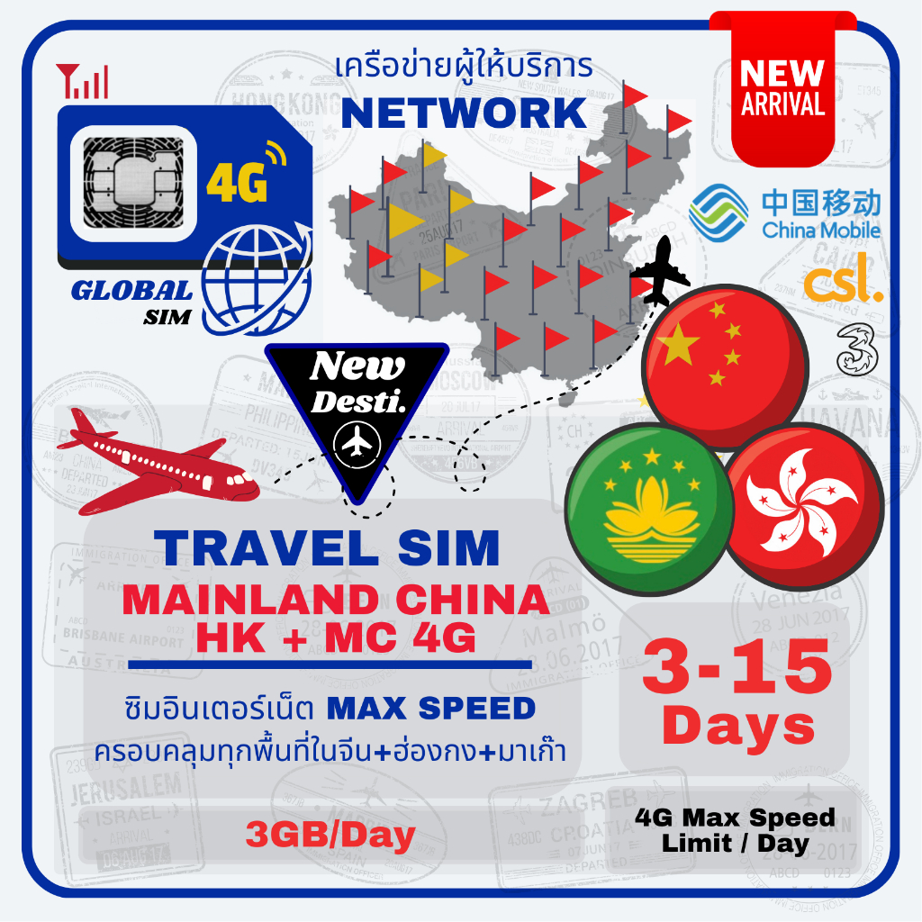 Chaina, Hongkong & Macau SIM จีนแผ่นดินใหญ่ + เขตปกครองพิเศษ 3 -15 Days 4G Max speed limit/day ...