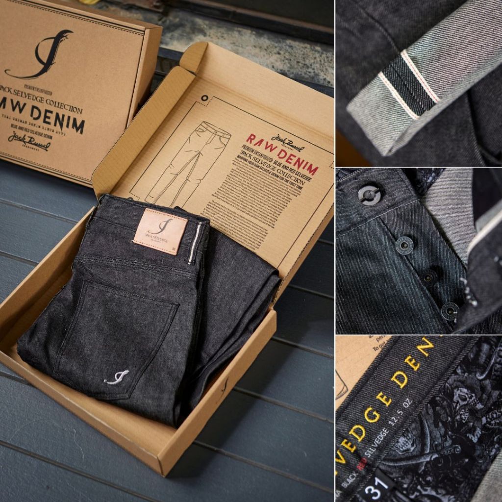 กางเกงยีนส์ผ้าดิบริมแดงผู้ชาย Jack Russel Meisterwerk J-RIM3 Slim Fit Black & Red Selvedge ...