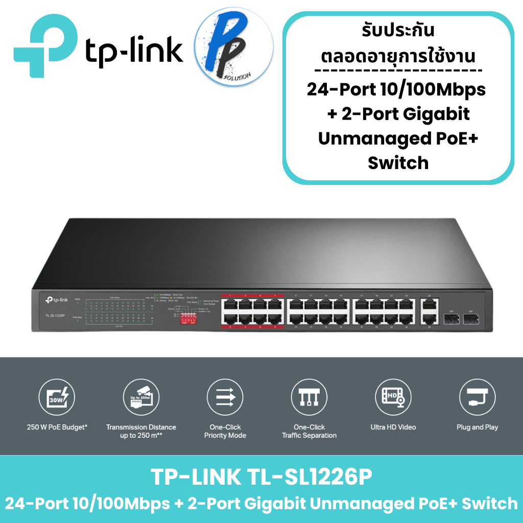 TP-LINK TL-SL1226P 24-Port 10/100Mbps + 2-Port Gigabit Unmanaged PoE+ ...