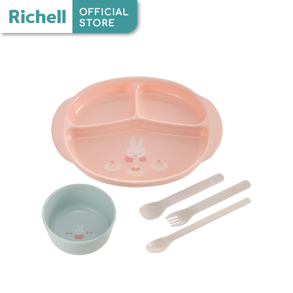Richell (ริเชล) Miffy Feeding Set ชุดทานข้าวลายลิขสิทธิ์ Miffy ชุดฝึกทานสำหรับเด็ก 5 ชิ้น set มา ...