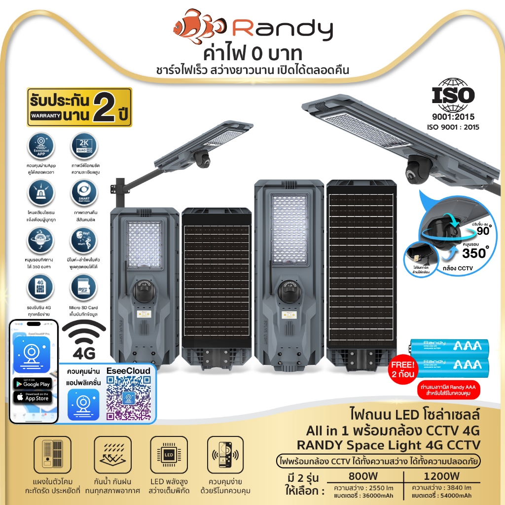 Randy LED Solar street light โคมไฟถนน 4G CCTV ประกัน2ปี ไฟ แอลอีดี โซ ...