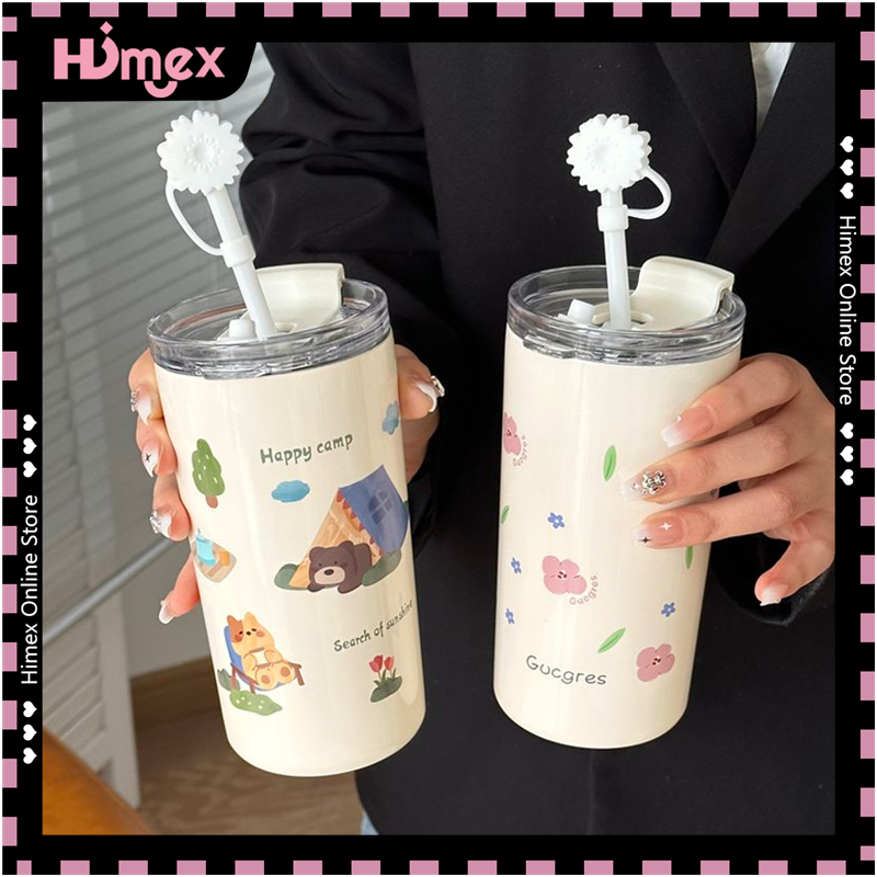 Himex กระติกน้ําร้อน 316สเตนเลส 480มล แก้วกาแฟ แก้วเยติ แก้วเก็บความเย็น มีหลอดดูด ทรงกระบอก ลวด ...