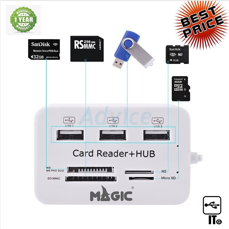 3 Port USB HUB v2.0 + Card Reader MAGIC TECH MT-02 (White) ฮับ ยูเอสบี ประกัน 1Y | Shopee Thailand