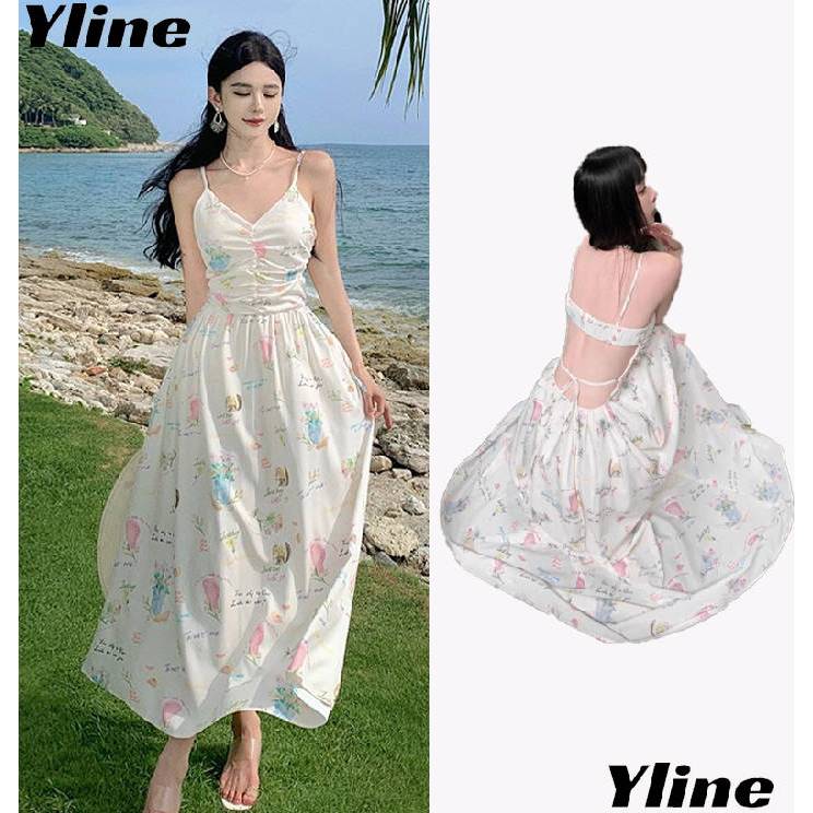 YLINE เดรสคอวีลายดอกไม้ สายเอี๊ยม กระโปรงยาวเว้าหลังสไตล์ฝรั่งเศสพร้อม ...