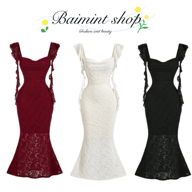 เดรสสายเดี่ยวเเต่งระบายงานผ้าลูกไม้ทรงสวยเข้ารูปlalida Dress | Shopee Thailand