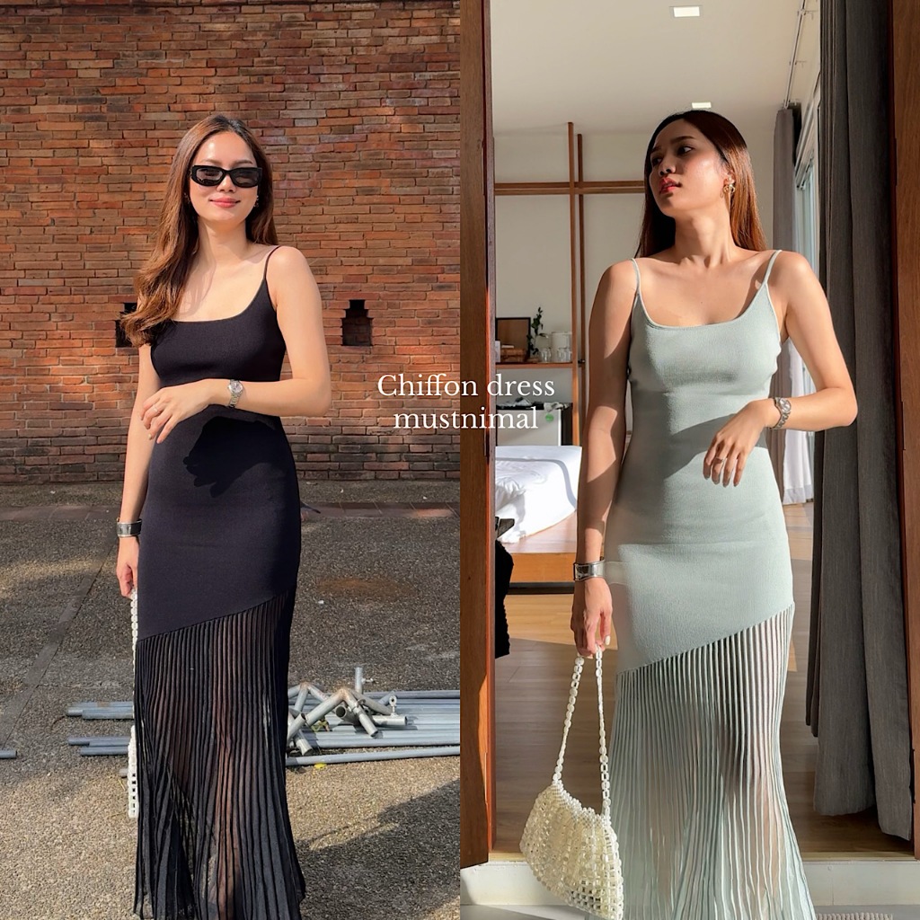 (พร้อมส่ง) MUSTNIMAL | CHIFFON dress เดรสสายเดี่ยวปลายชีฟอง DR010 | Shopee Thailand