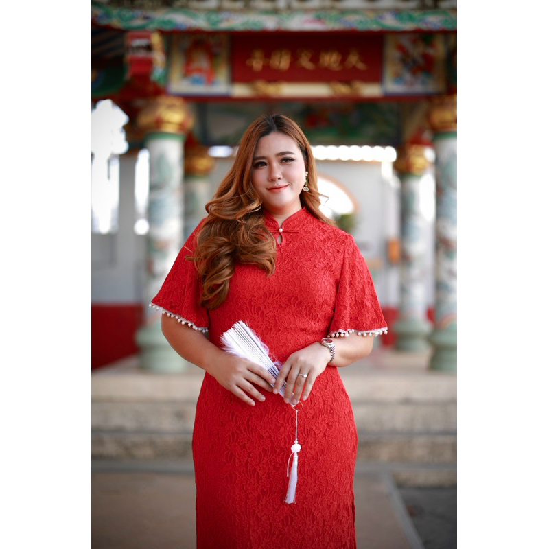 DR334 กี่เพ้าแดงแขนมุก คนอ้วน ไซซ์ใหญ่ plussize | Shopee Thailand