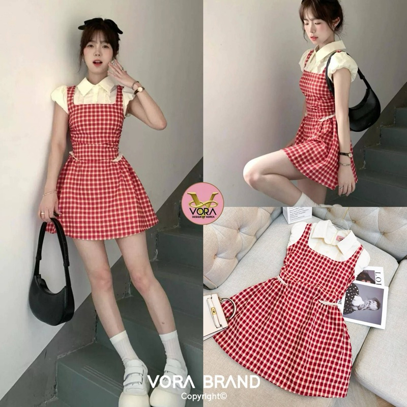 M3 งานป้าย Vora Dress เดรสสั้นแขนพองลายสก็อตแต่งปก สำหรับผู้หญิง เสื้อผ้าแฟชั่นผู้หญิง ไซส์ S-L ...