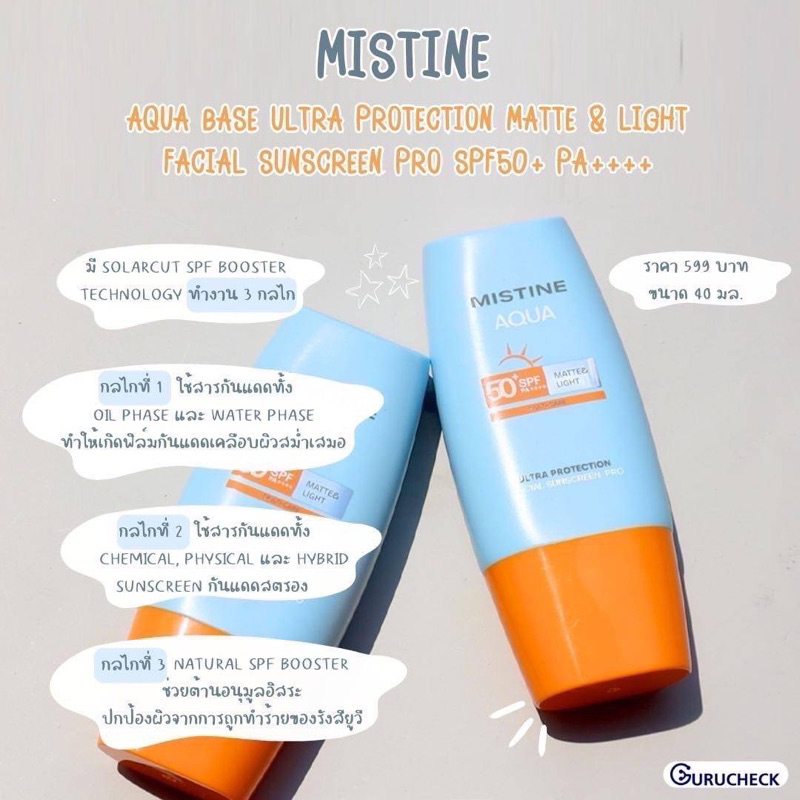 Mistine Aqua Base Ultra Protection Matte & Light Facial Sunscreen Pro Spf50 PA++++ กันแดด 60ml ...