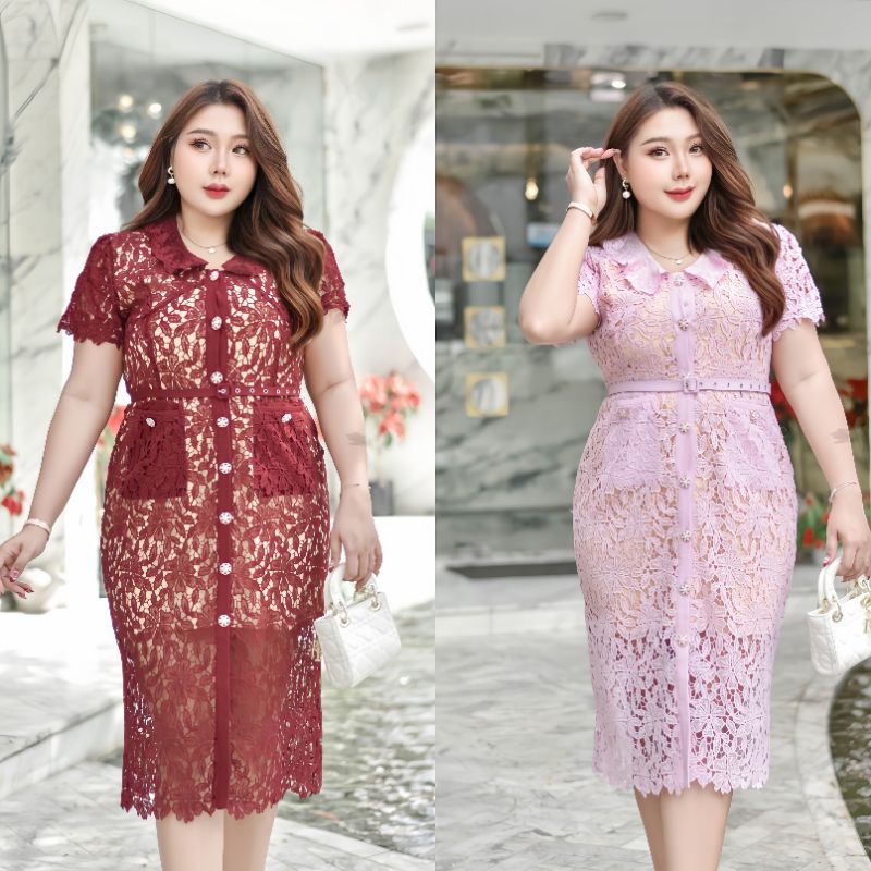 เดรสสาวอวบ ชุดลูกไม้ออกงานไซส์ใหญ่ ลูกไม้ใบเฟริน สวยมาก อก40-48นิ้ว 3XL-7XL Peppermint_Plussize ...