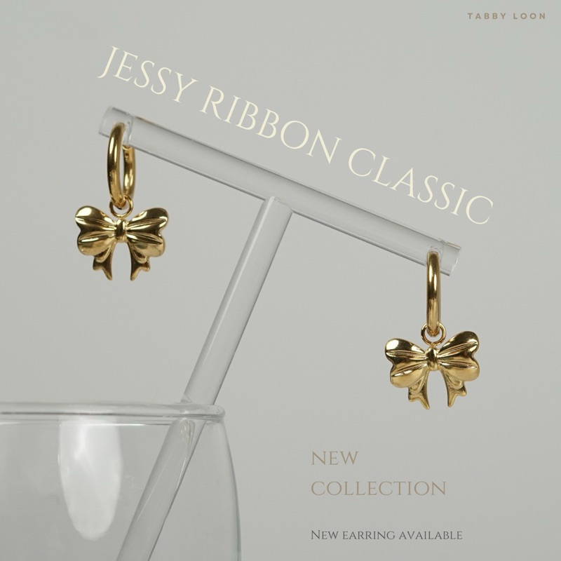 Tabby Loon Jessy Ribbon Classic Earrings ต่างหูสีทอง Hoopริ้บบิ้น ...