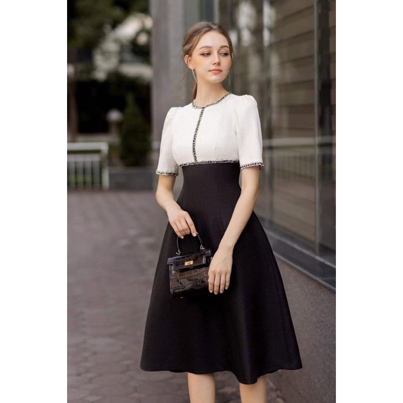 [LISA] A0804 ชุดเดรสกระโปรงคอกลมแขนสั้นสีทูโทนดีเทลแต่งขอบดิ้นทองซิปซ่อนด้านหลัง ใส่เที่ยว ออก ...