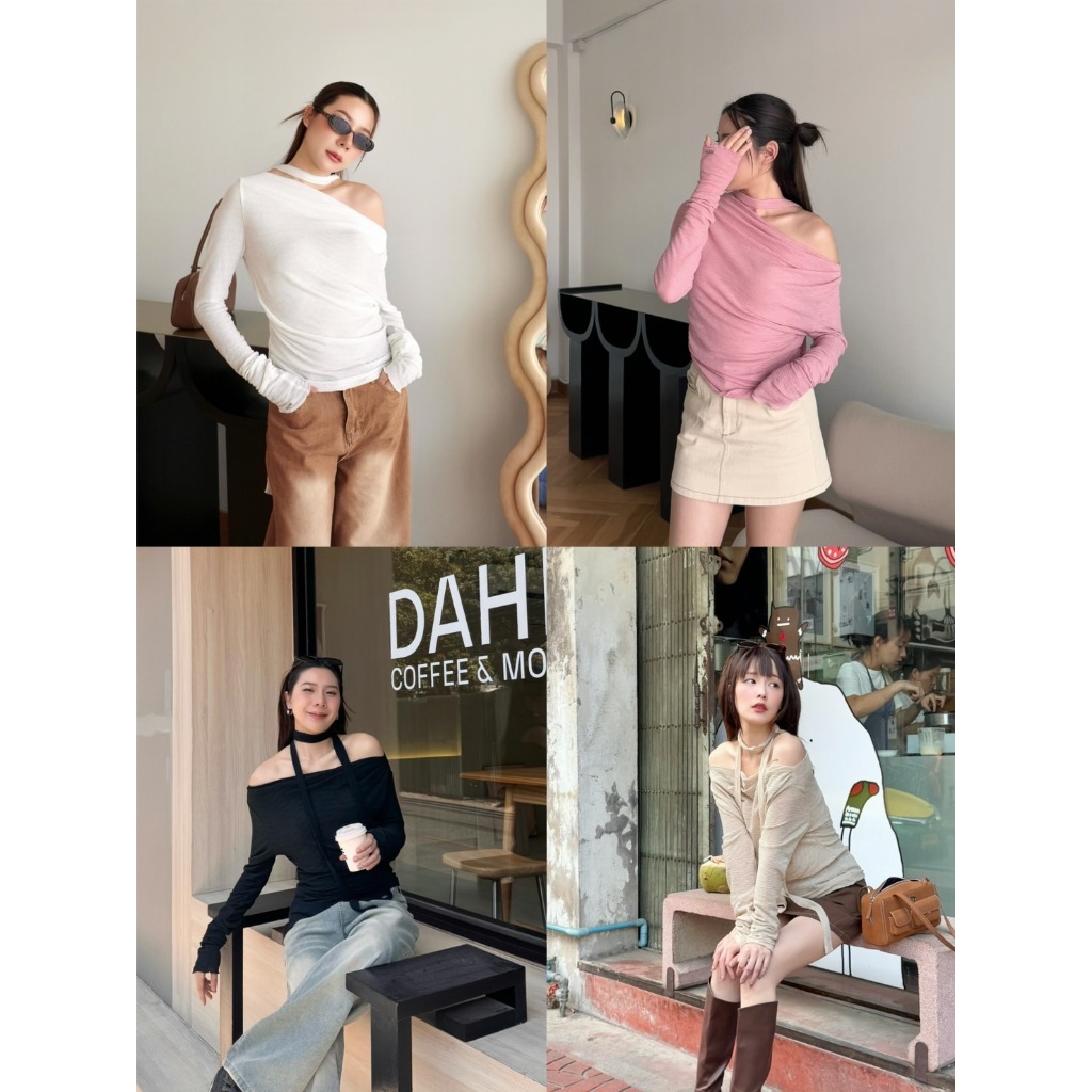 BXB - IVY TOP เสื้อปาดไหล่แขนยาวผ้ายืด แถมผ้าพันคอ | Shopee Thailand