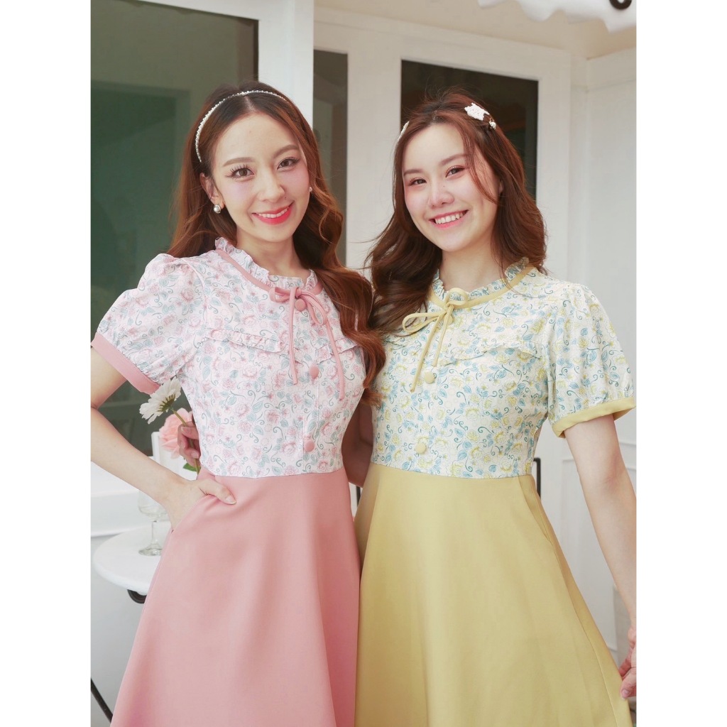ชุดเดรส WIIRANKAN รหัส W328 สีเหลือง ชมพู กระโปรงทรงบาน | Shopee Thailand
