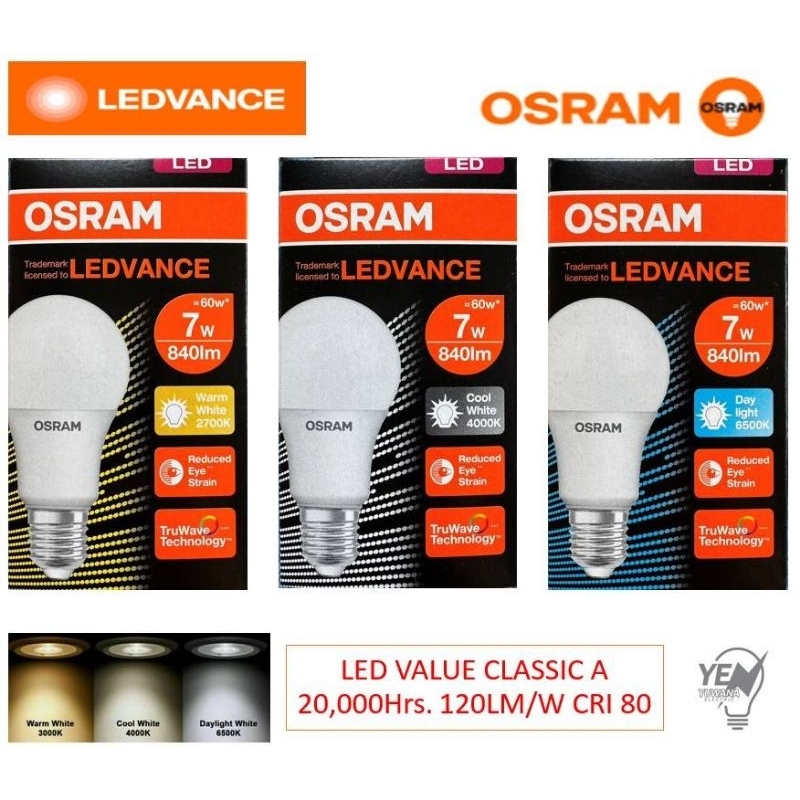 OSRAM หลอดไฟ LED VALUE CLASSIC A 7วัตต์ แสงขาว/แสงคูลไวท์/แสงเหลือง ขั้วE27 20,000 ชม. | Shopee ...