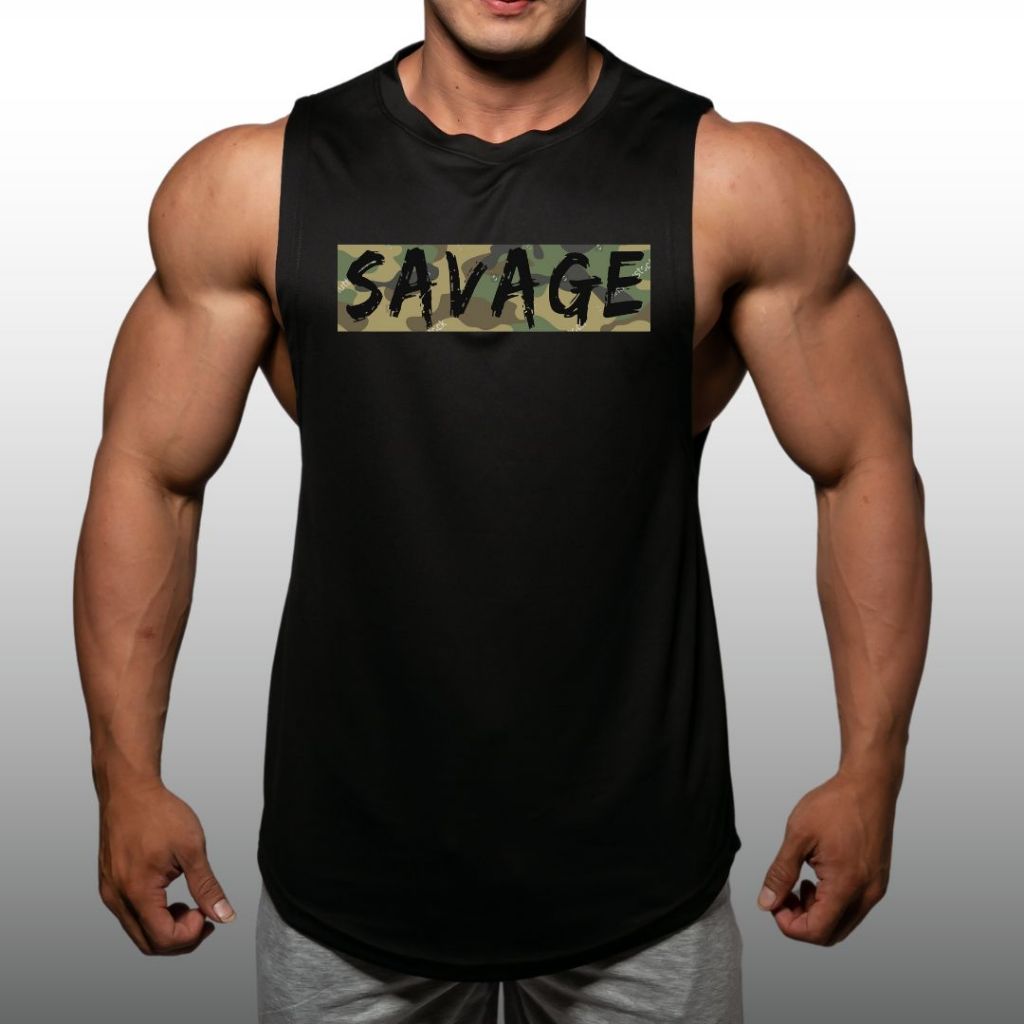 SAVAGE ลายทหาร เสื้อแขนกุดเว้าแขนกว้าง Drop Arm Sleeveless Muscle Shirt ...
