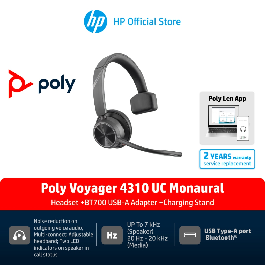 Poly Voyager 4310 UC Monaural Headset +BT700 USB-A Adapter +Charging ...