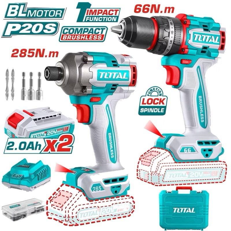TOTAL สว่านกระแทก 3ระบบ 66N + ไขควงกระแทก 285N ไร้สาย BL motor ...