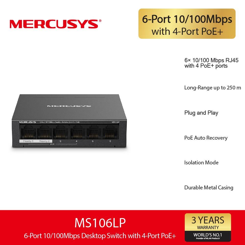 Mercusys MS106LP 6-Port 10/100Mbps Desktop Switch with 4-Port PoE+ ...