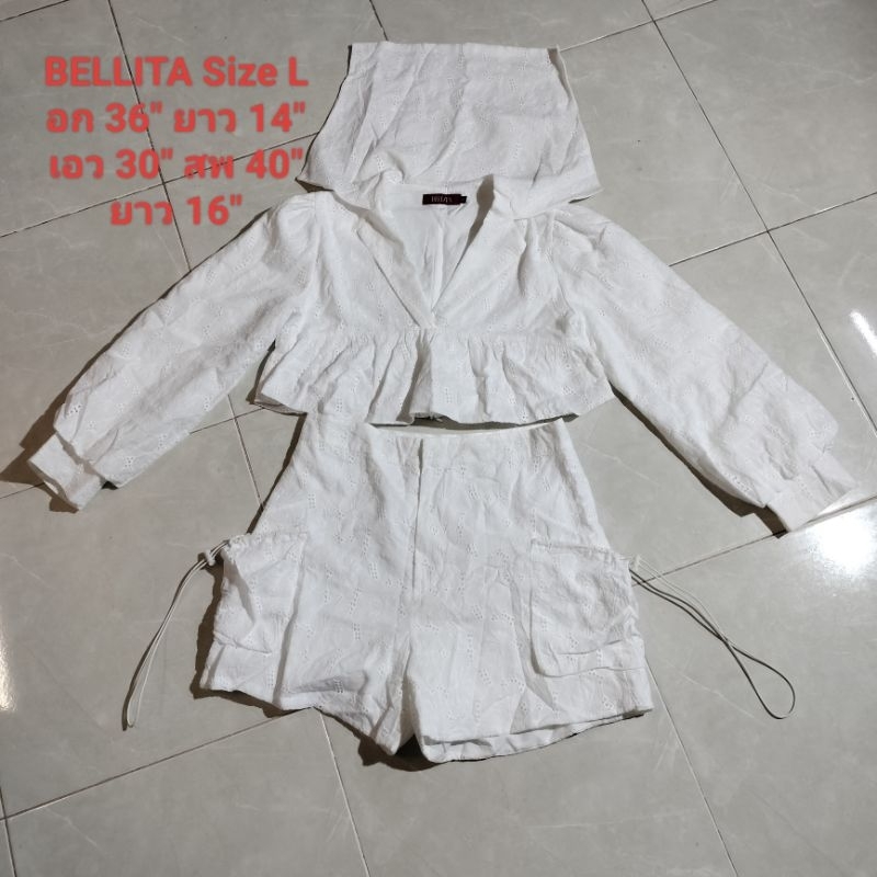 มือสอง BELLITA Size L ชุดเซ็ตเสื้อ+ กางเกงสีขาวผ้าลูกไม้ฉลุ | Shopee Thailand