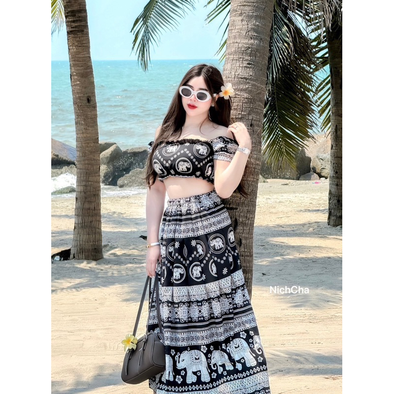 #Nicha Set 2 ชิ้น ผ้าไหมอิตาลีลายช้าง เกรดหนา แพตเทิร์นปังมาก สาวๆที่กำลังหาชุดใส่ไปเที่ยวทะเล ...