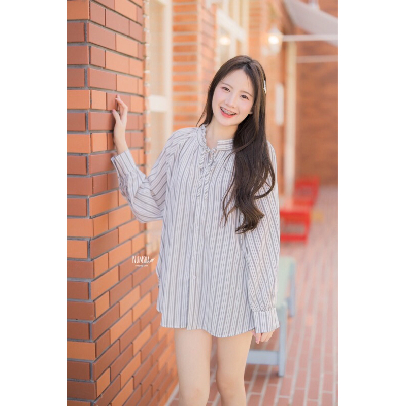 Numsha Brand เสื้อเชิ้ตแขนยาวลายทางเชือกผูกโบว์ช่วงคอ2609/NB24176 ...
