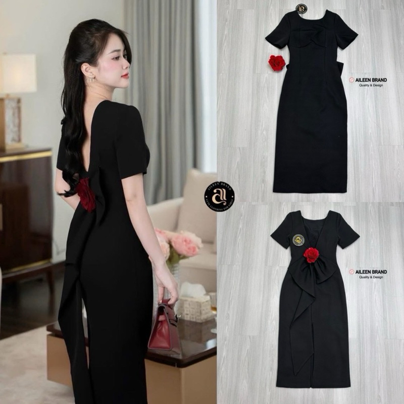 SAileen เดรสยาวสีดำคอกลมปาดแขนสั้น ด้านหน้าตีเกร็ดยาวทั้งตัว ( เสริม ...