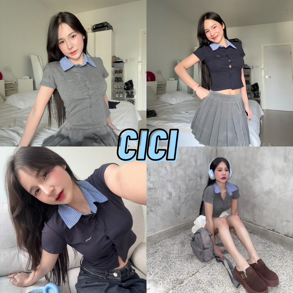Cici(NO.Y6210) เสื้อคอปกกระดุมสามารถใช้งานได้จริงผ้าเรย่อนอักษรปักเหล็ก เข้ารูปสไตล์เกาหลีสุดฮอต ...