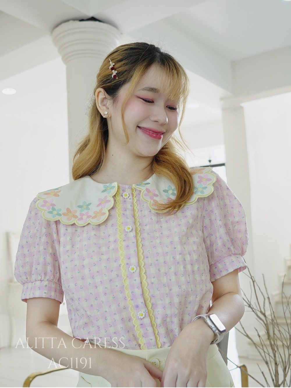 ALITTA CARESS :AC1191 เสื้อสีชมพูสุดหวาน ลายสก๊อตพิมพ์ลายดอก ปกหยักปัก ...