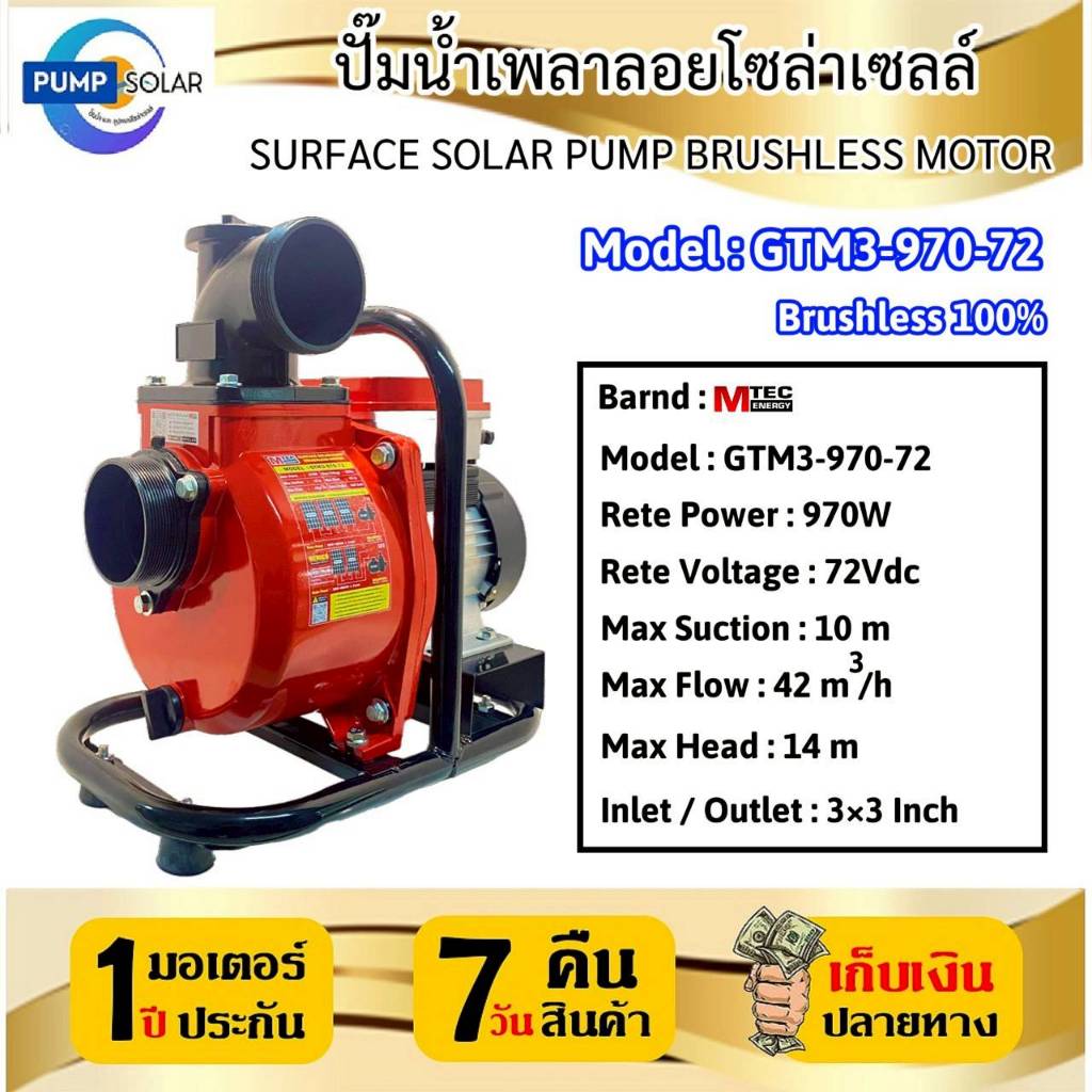 ์NEW!!! ปั๊มน้ำเพลาลอยโซล่าเซลล์ รุ่น GTM3-970-72/970W 72V ท่อส่งน้ำขนาด 3 นิ้ว แบรนด์ MTEC แท้ ...