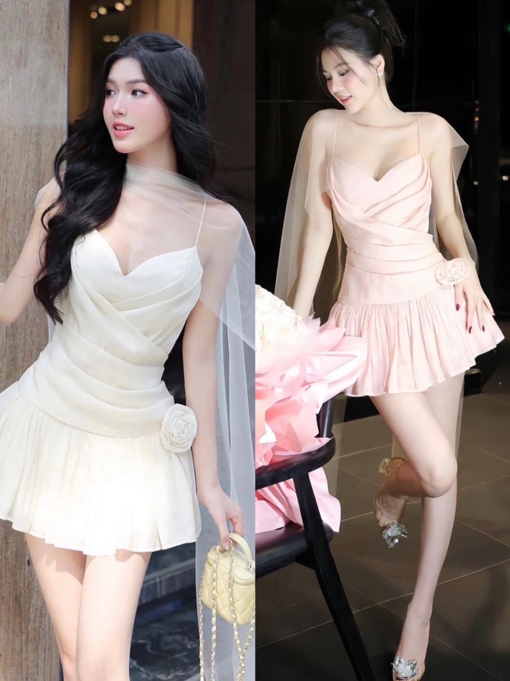 Teera ️พร้อมส่ง ชุดเซต2ชิ้น เดรสสายเดี่ยววีอก แต่งดอกไม้ชายกระโปรง ซิปหลัง+ยางยืด มีผ้ามุ้งคลุม ...