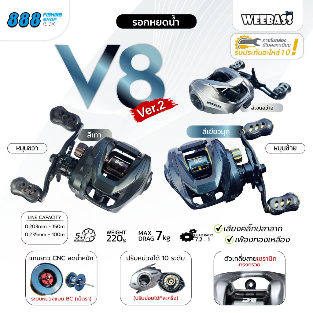 รอก Weebass V8 Ver2 รอกหยดน้ำคุณภาพ รอบ 7.2:1 รอกตกปลา ออกกำลังกาย Sport | Shopee Thailand
